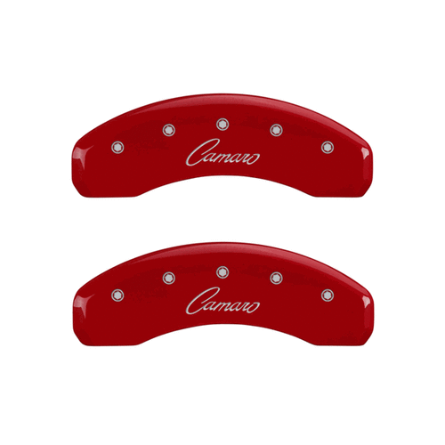MGP Caliper Covers Camaro Classic Cursive Logo Red Finish Silver Chara